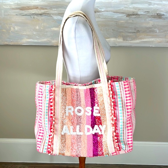 Shirdee | Bags | Shirdee Rose All Day Beaded Tote With Pom Pom Fringe ...